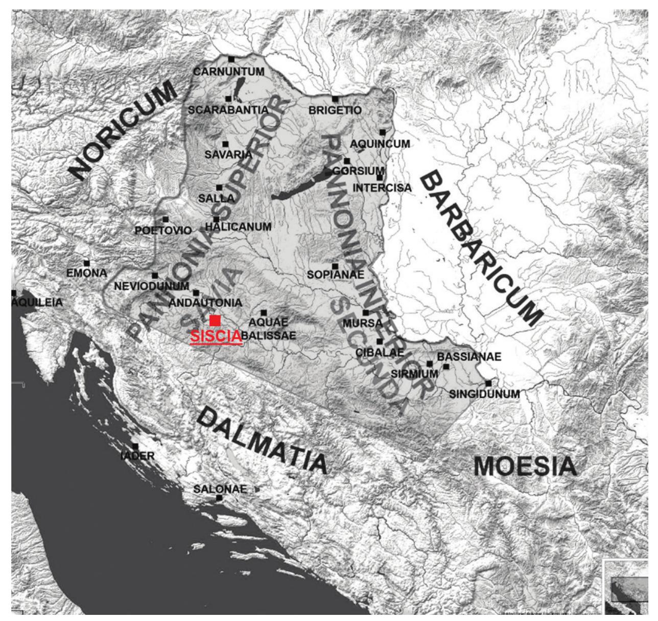 - map of ancient pannonia with the location of the city of