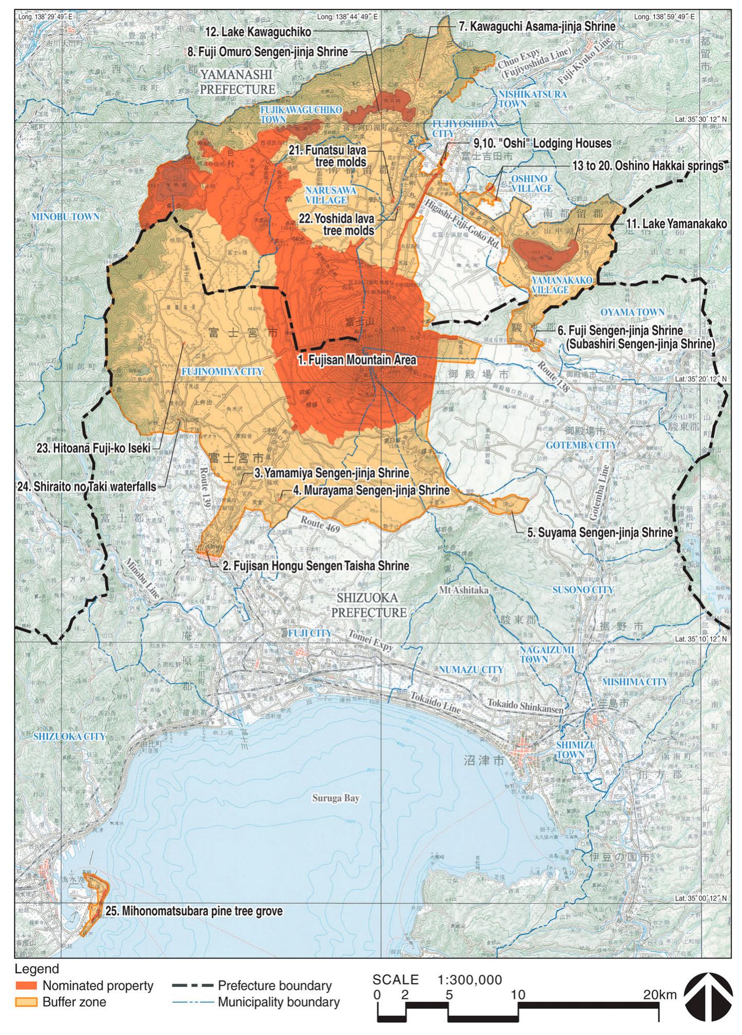 Map of the components of fujisan inscribed on the world