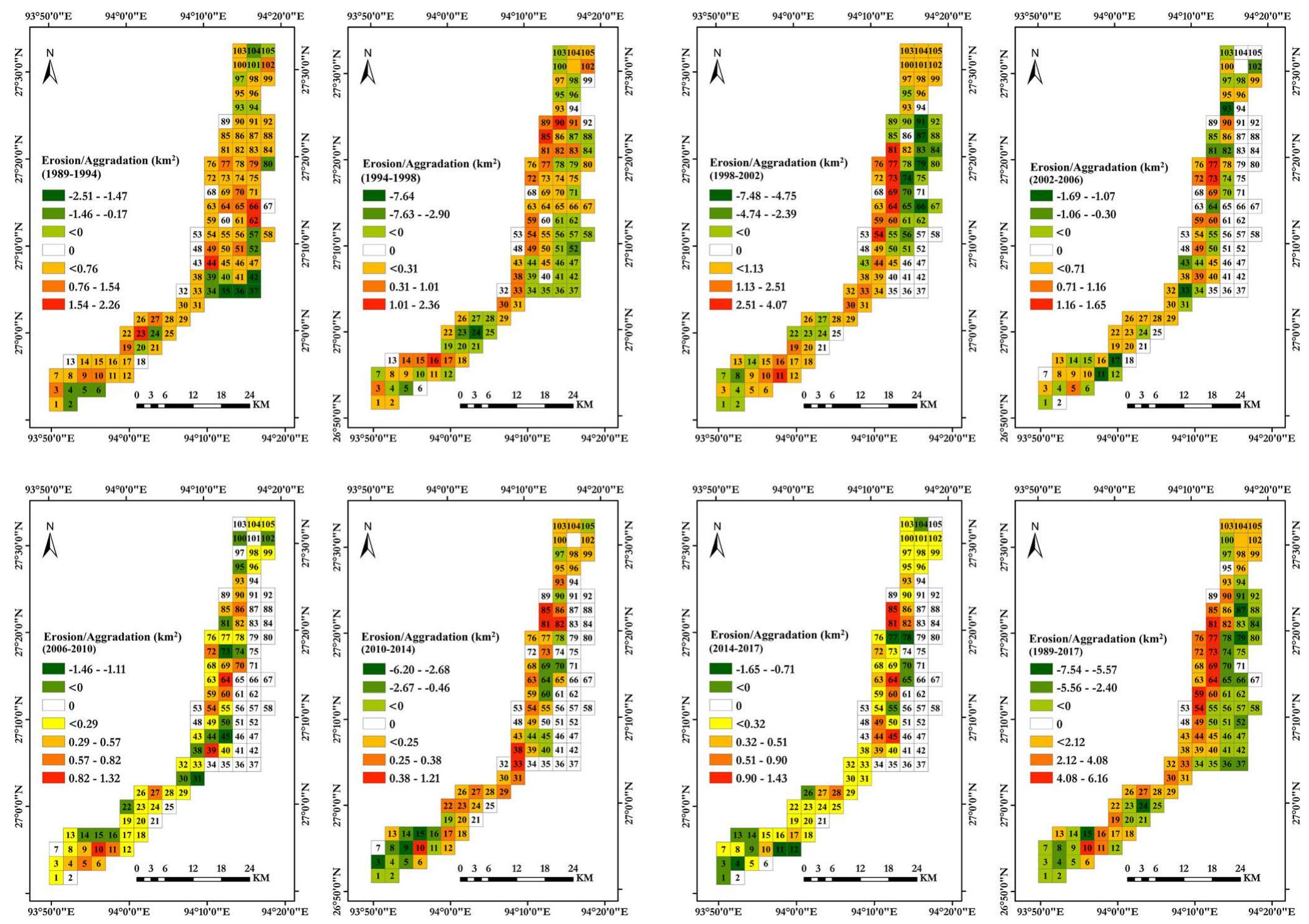 Grid-wise erosion/aggradation zones in different time steps.