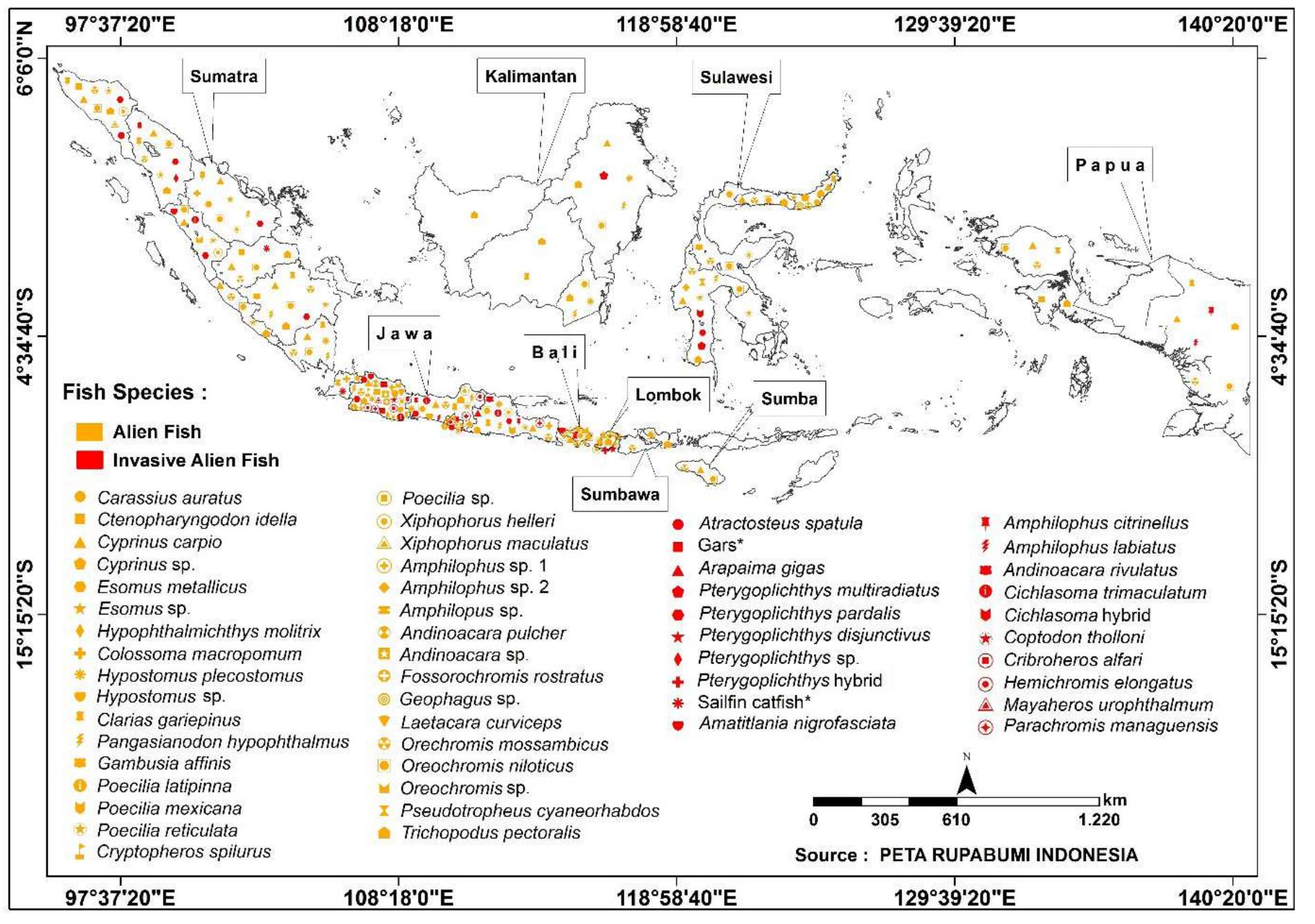Map of alien and invasive alien fish distribution in