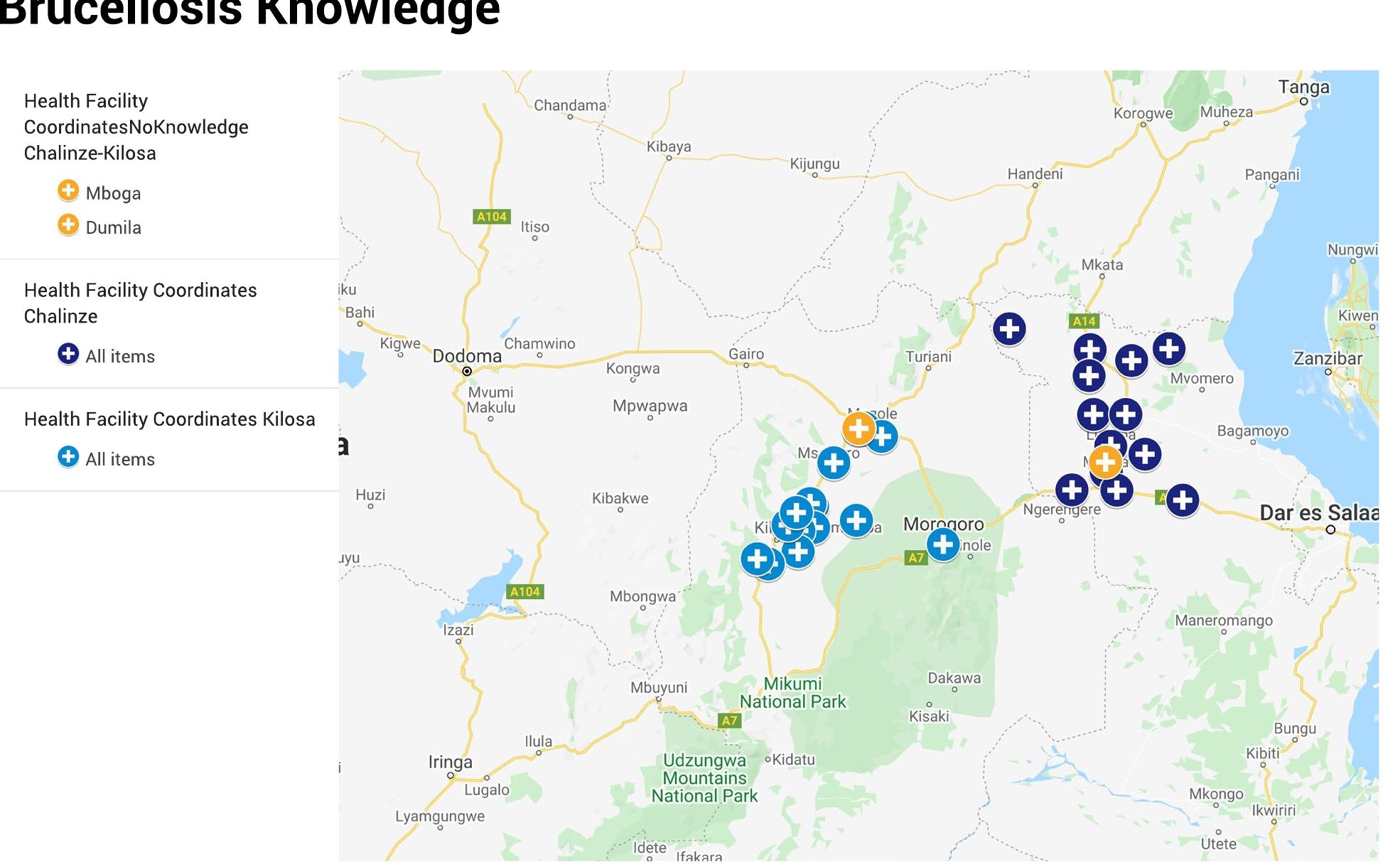 The map showing selected ward health facilities in kilosa