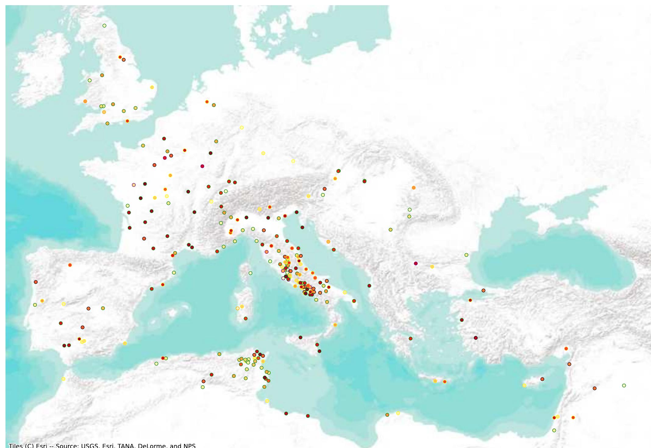 Map with amphitheater locations colored by estimated seating