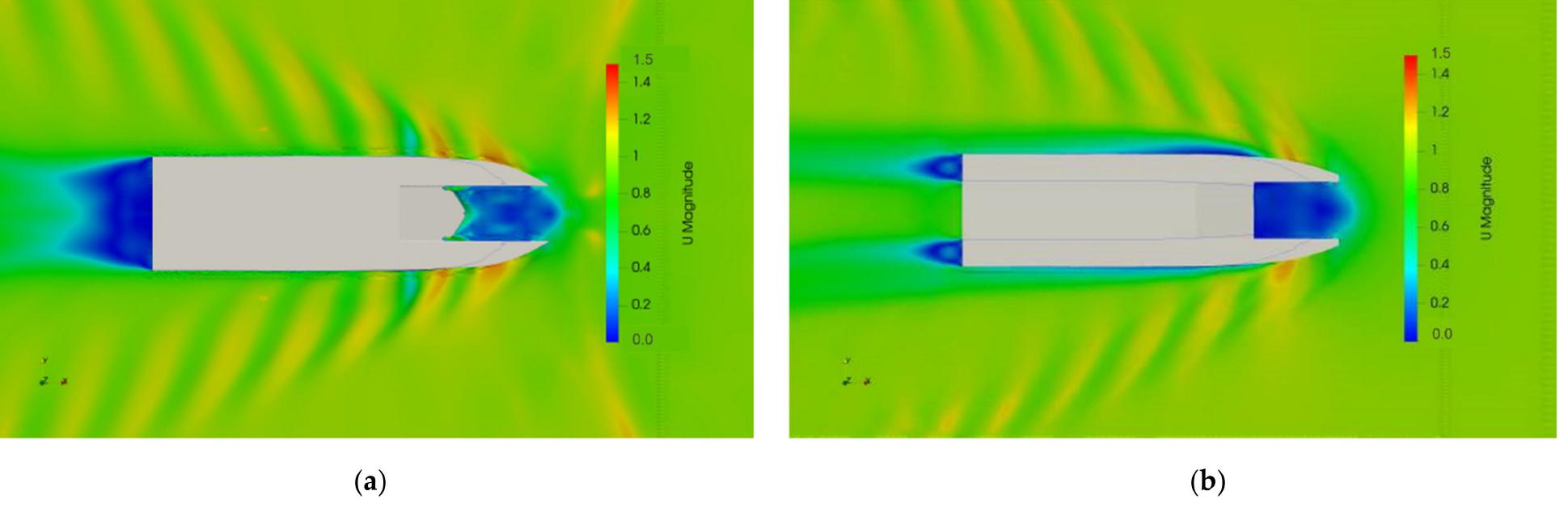 Velocity contour at 1 m/s speed: (a) round-bilge monohull,