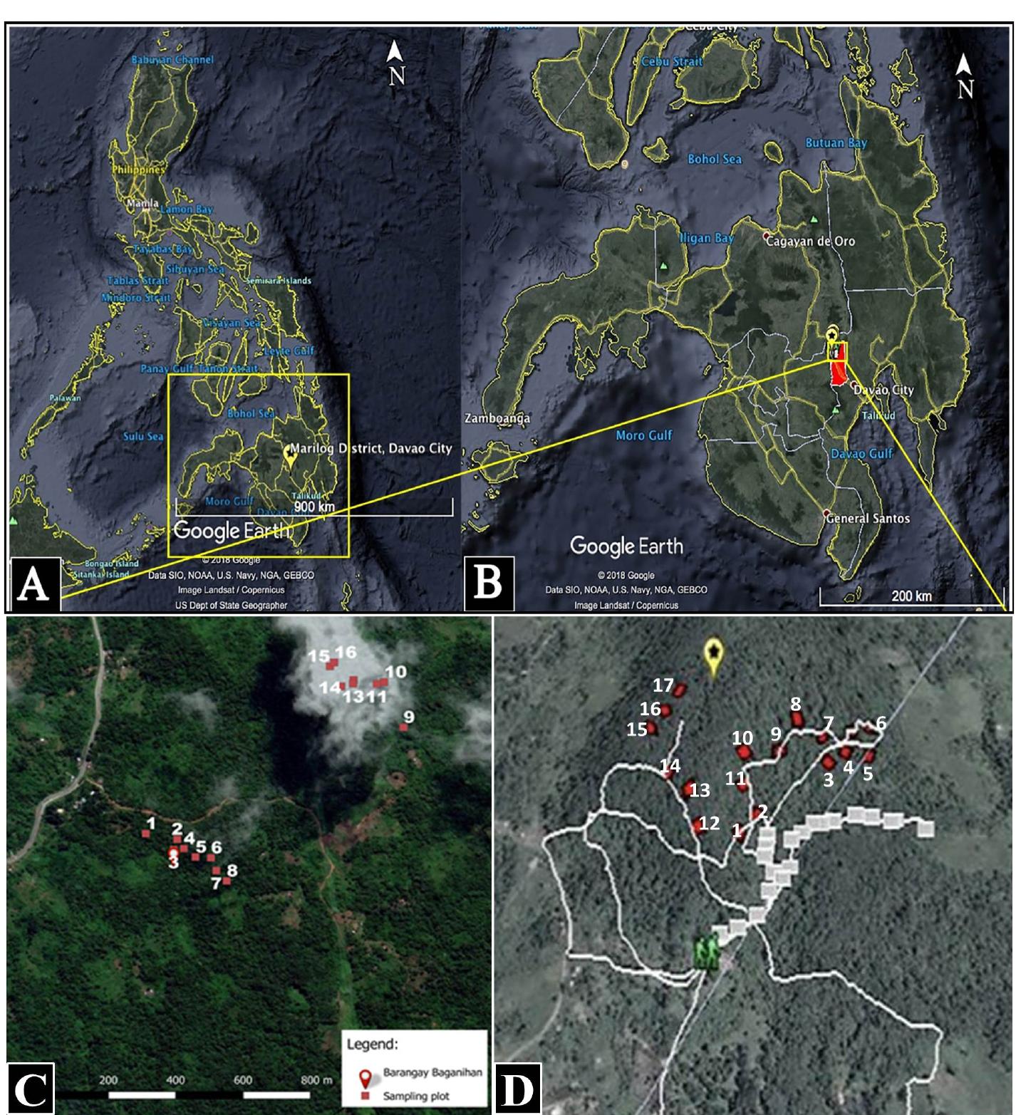 Study sites. a) philippine map, b) map of mindanao island,