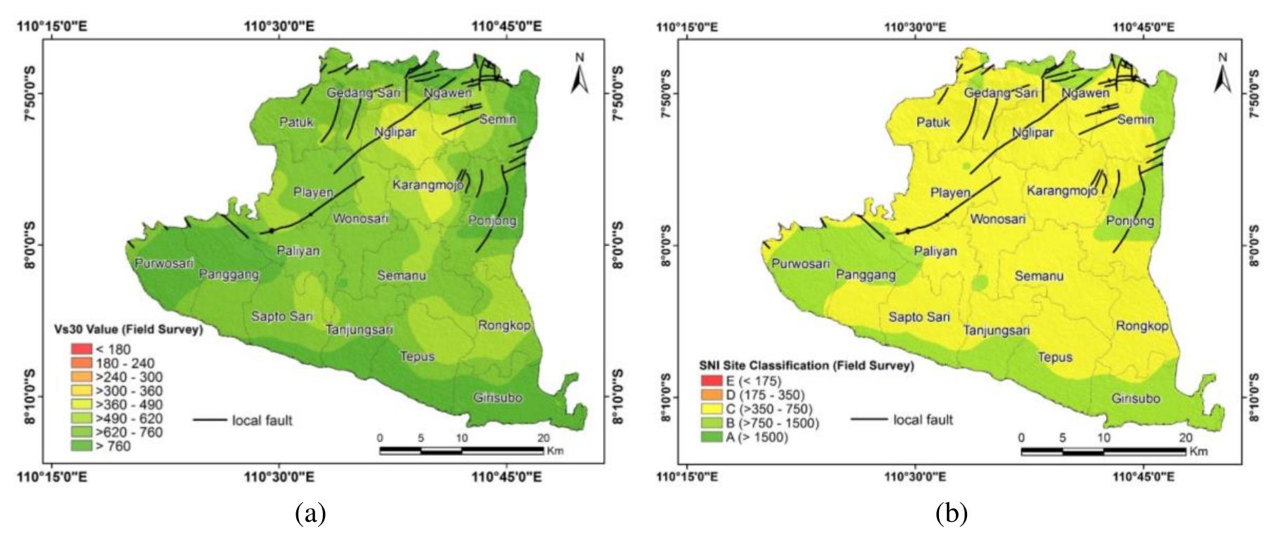 (a) spatial distribution map of the vs30 from masw and