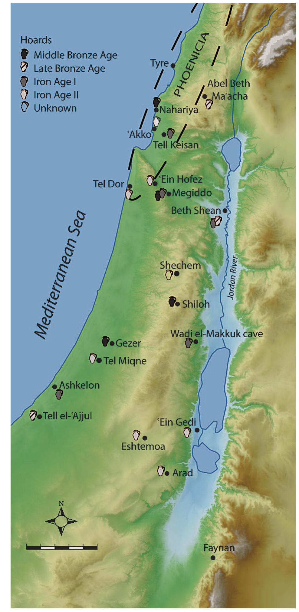 Map of the southern levant showing sites with bronze and