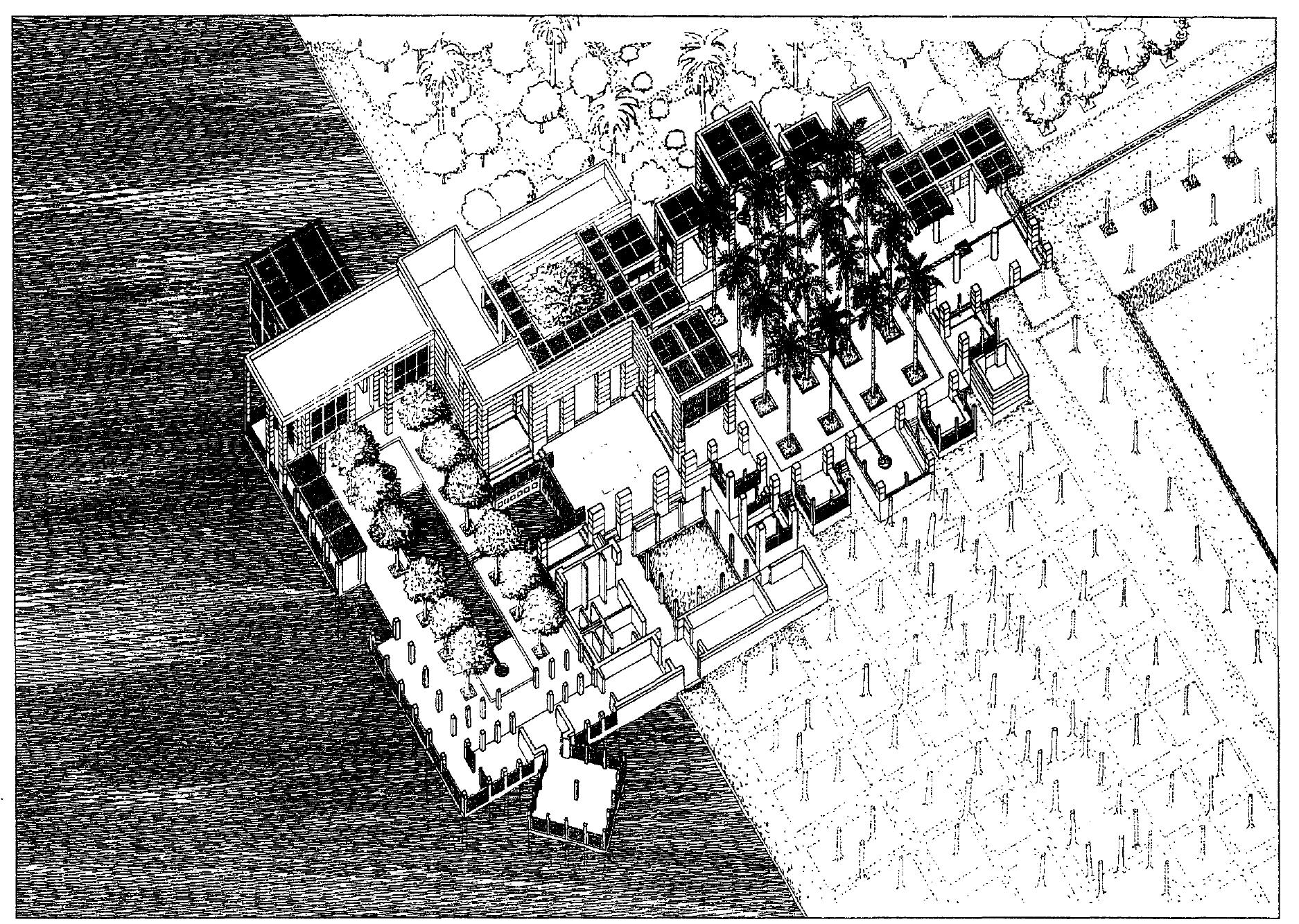 , 62, lakeside café. axonometric drawing with cutaway view