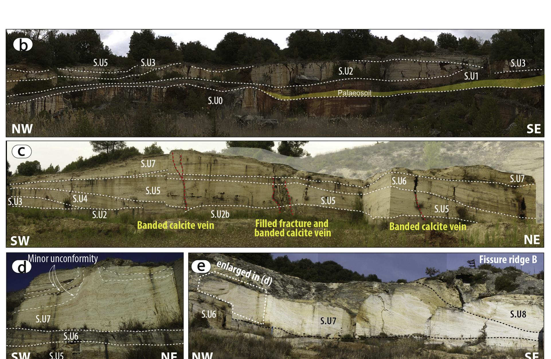 A) sketch-map of a part of the western travertine deposit