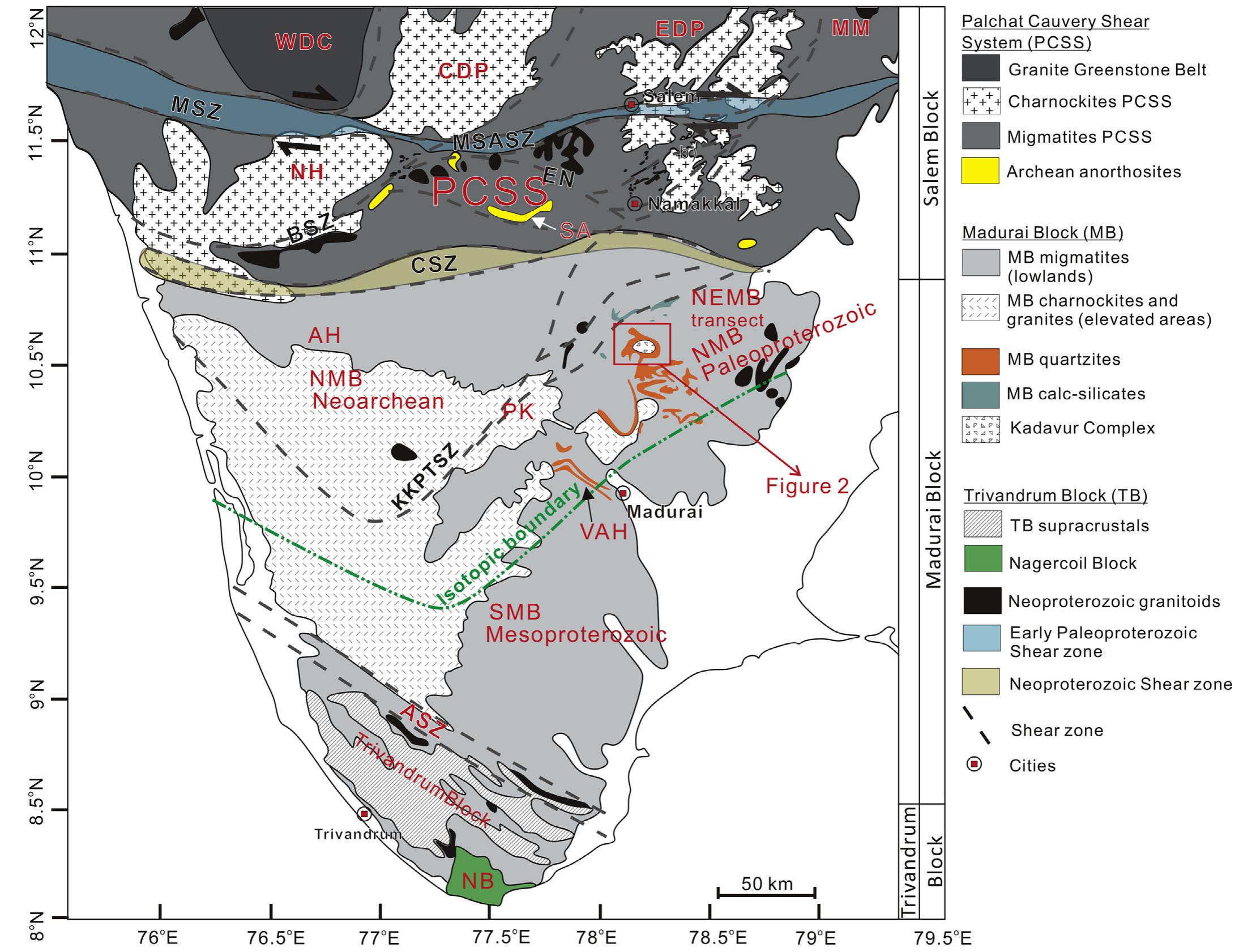 Simplified geologic map of the southern granulite terrane.
