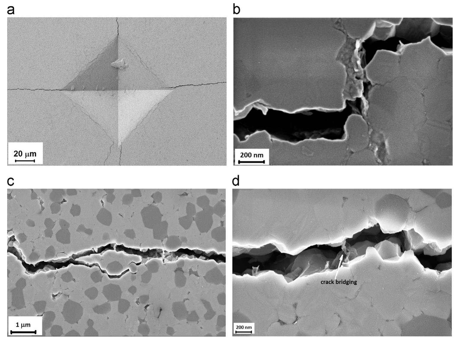 Sem images of (a) vickers indent, (b) crack deflection, (c)