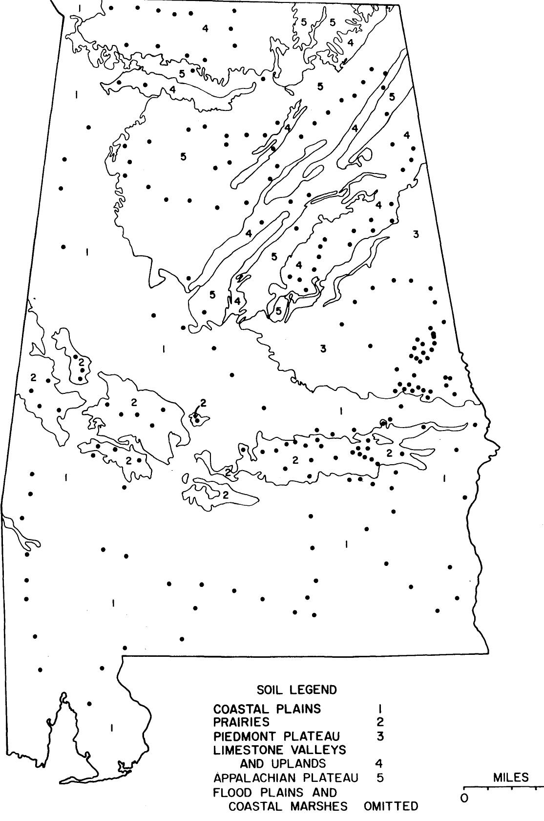 Fd. 1. location of ponds in alabama by soils area. map after