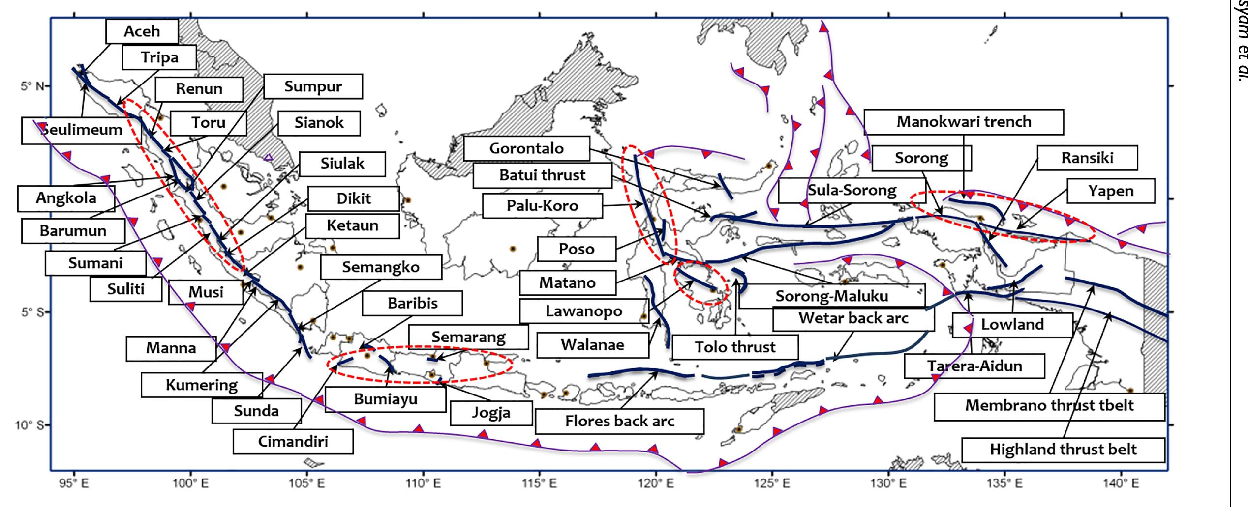Revised crustal fault sources. red dashed ellipses indicate