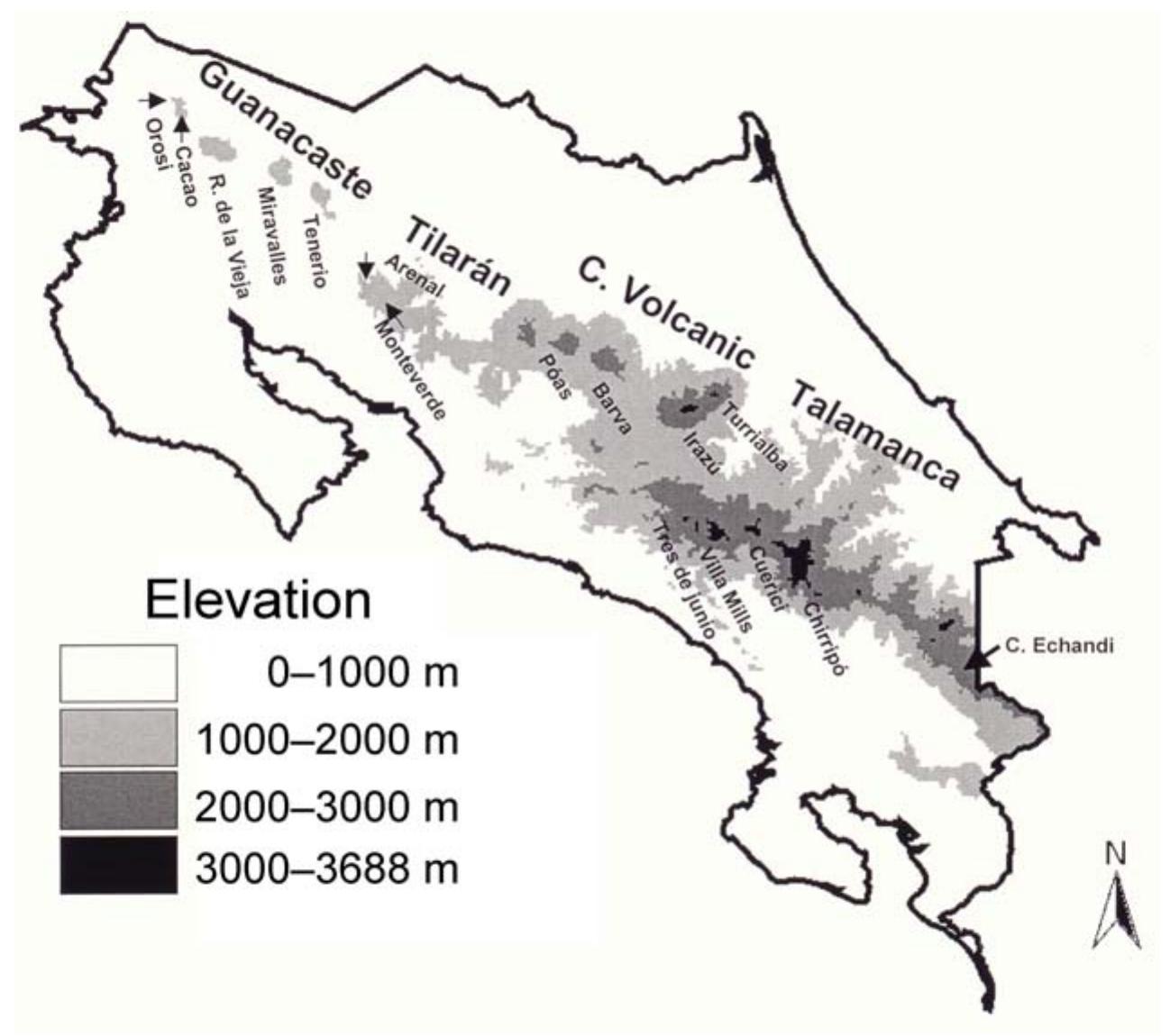 Map of costa rica showing main mountain ranges (talamanca,