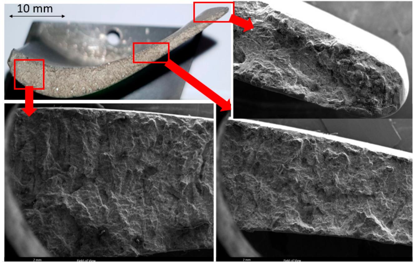 Images of fracture surface of the blade, broken from the