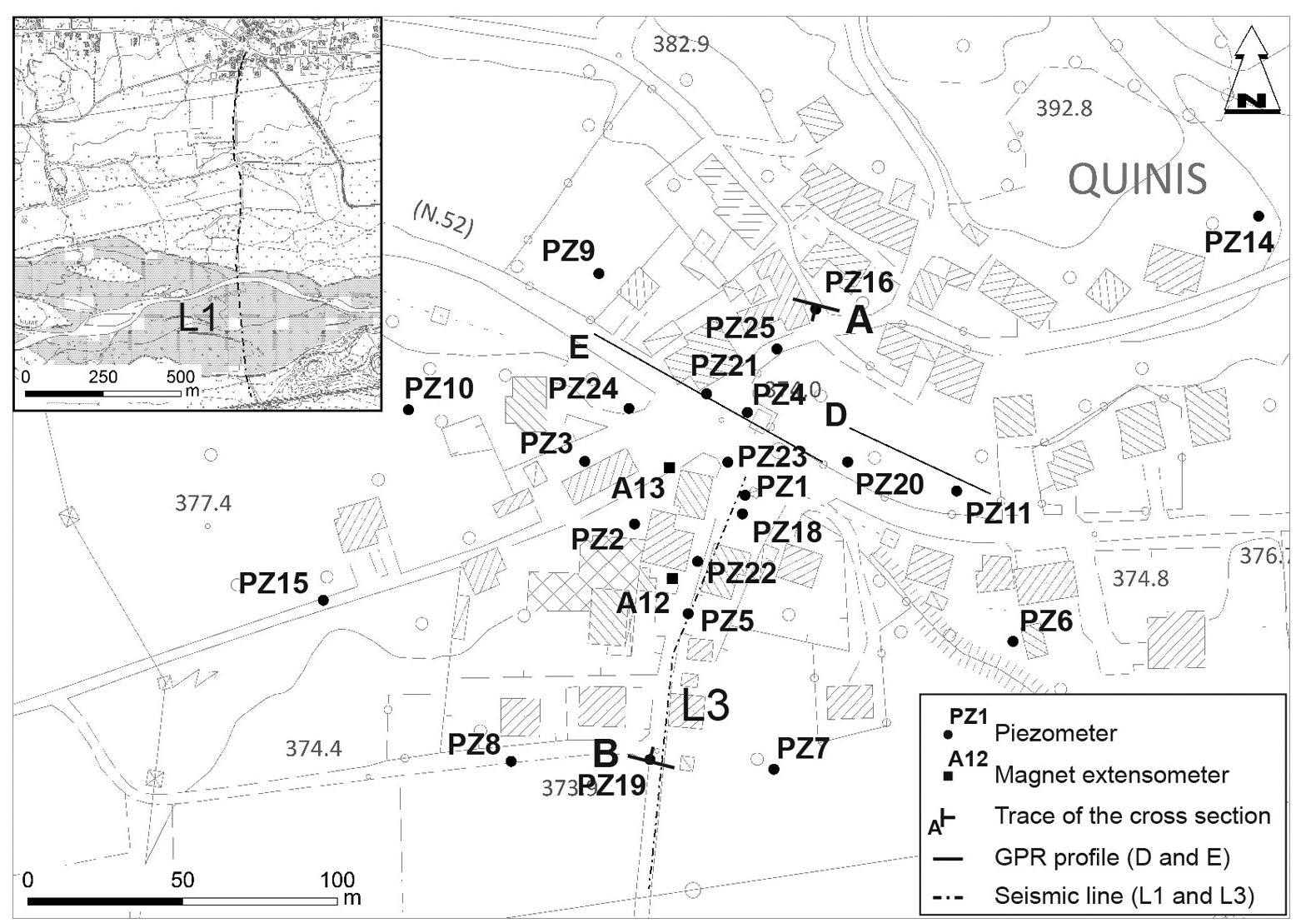 Location map of the direct measurements (piezometers — pz,