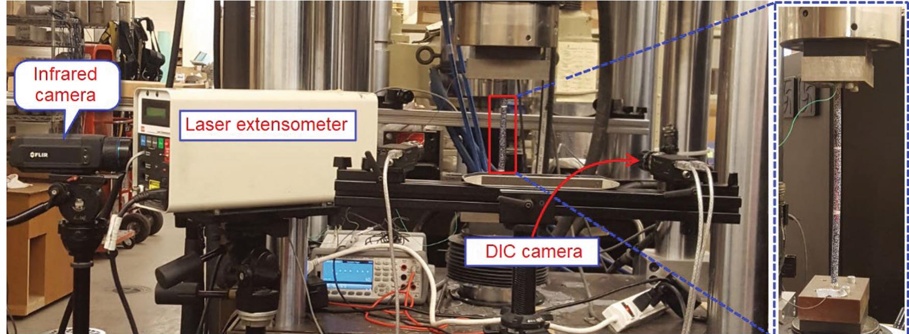 Buckling test setup with laser extensometer and dic system
