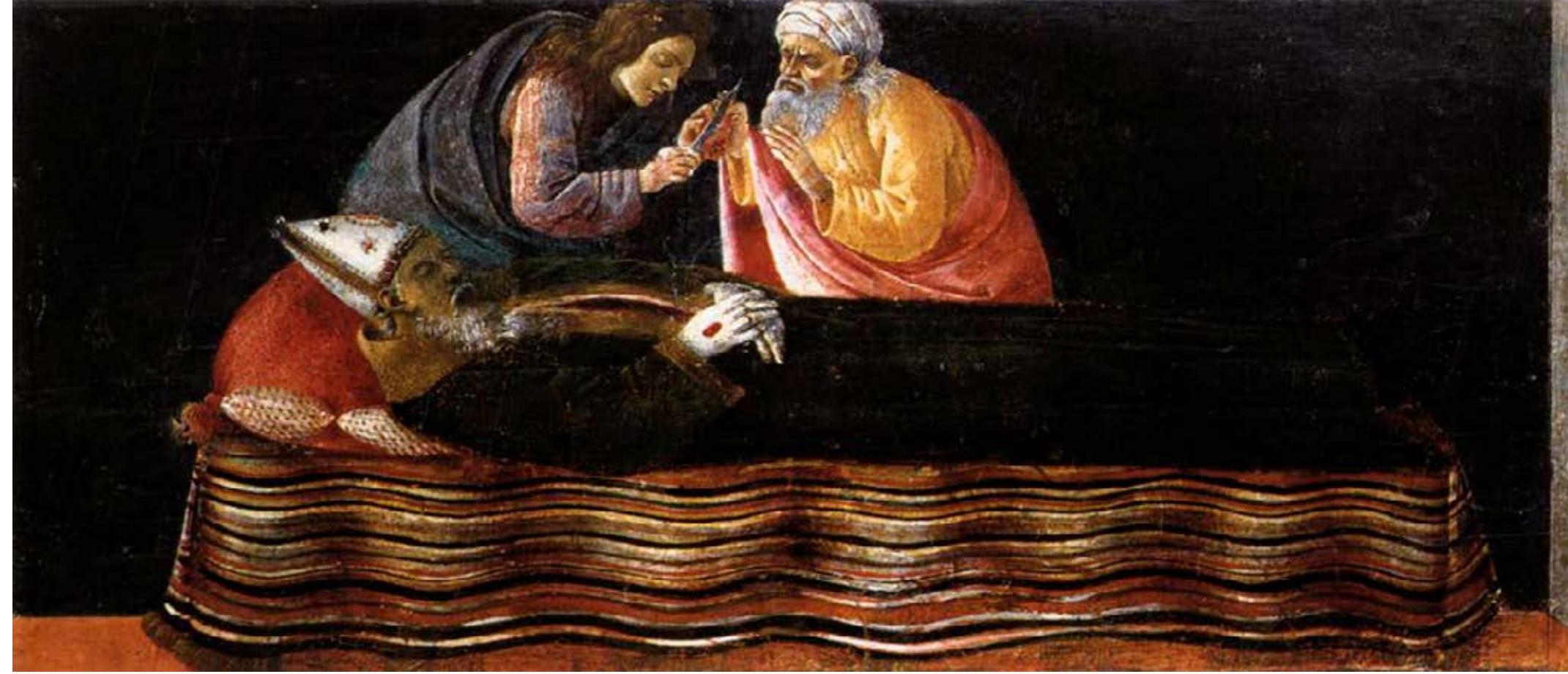 Sandro botticelli, extraction of st. ignatius’ heart, in san