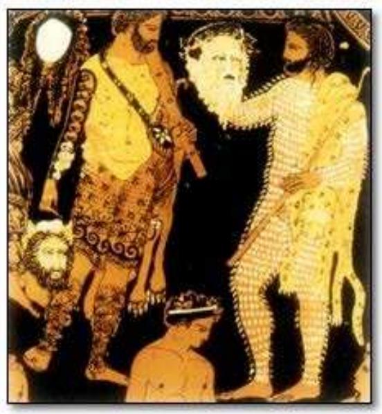 The chorus leader of the satyrs is holding his mask (from