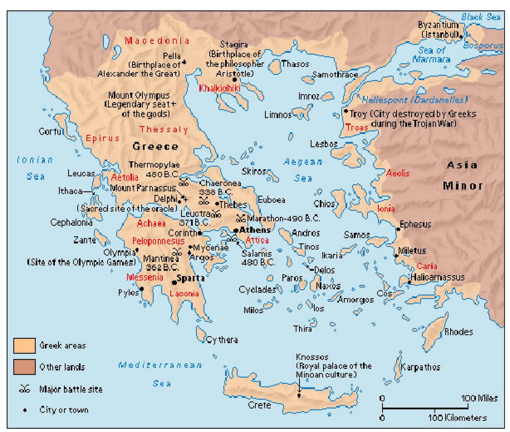 Map of ancient greece showing the location of major ancient