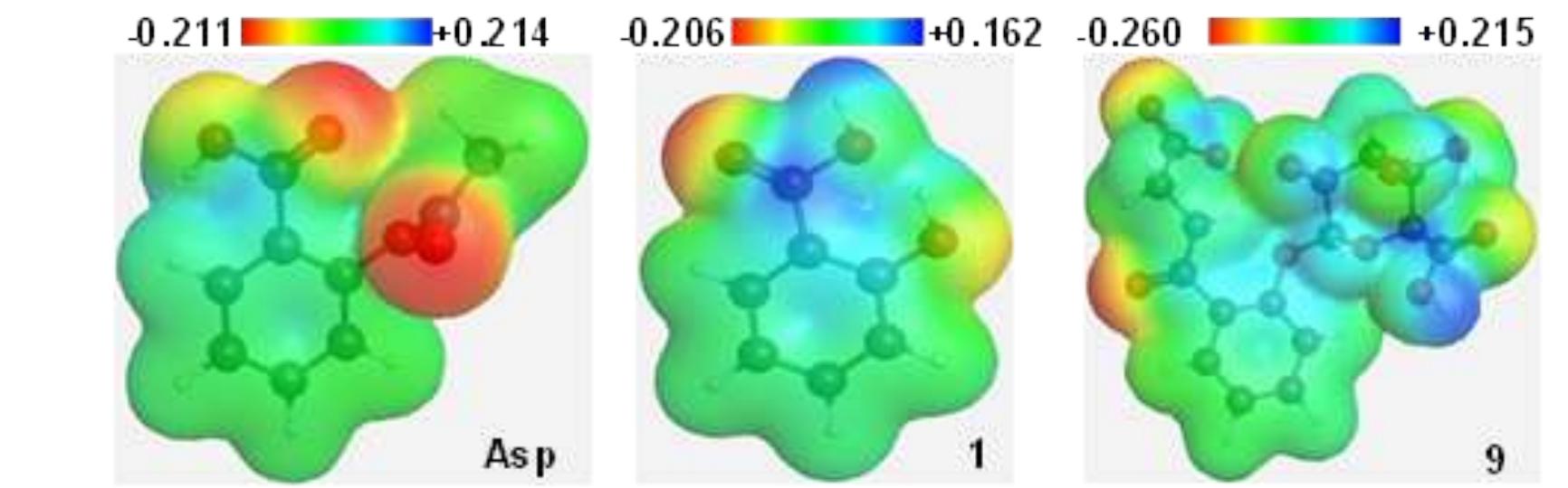 Molecular electrostatic potential map of asp, 1 and 9