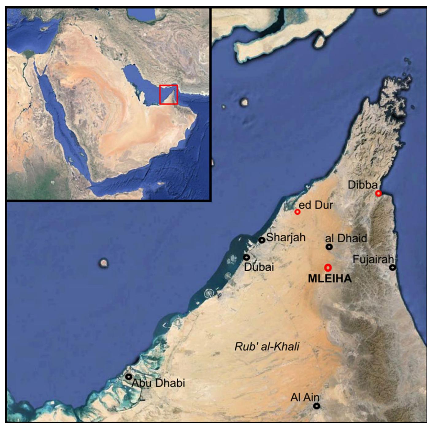 A map of the oman peninsula and the location of mleiha
