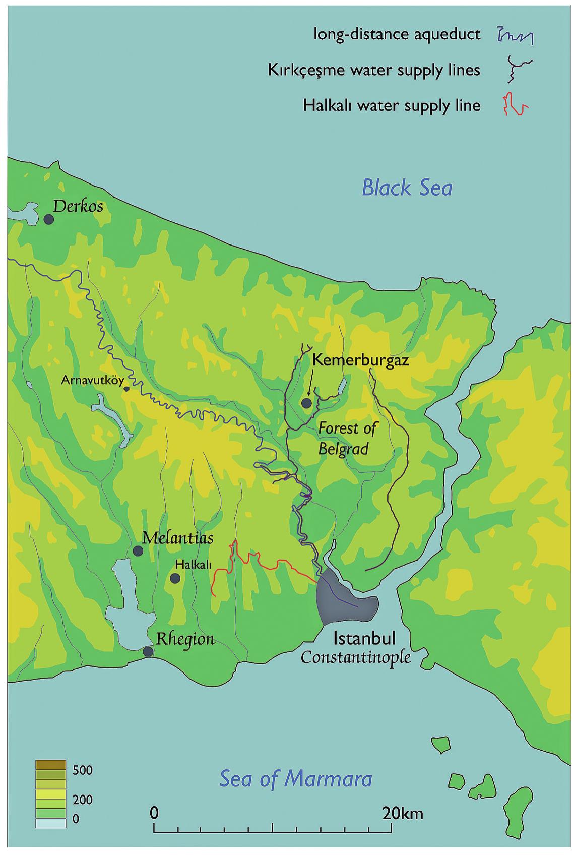 map showing the aqueduct channels close to constantinople