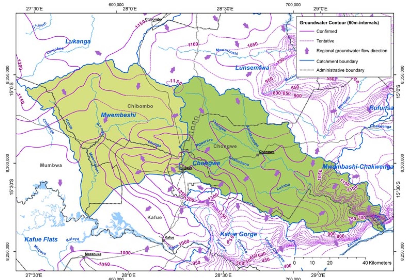 Regional groundwater contour map of the mwembeshi, chongwe