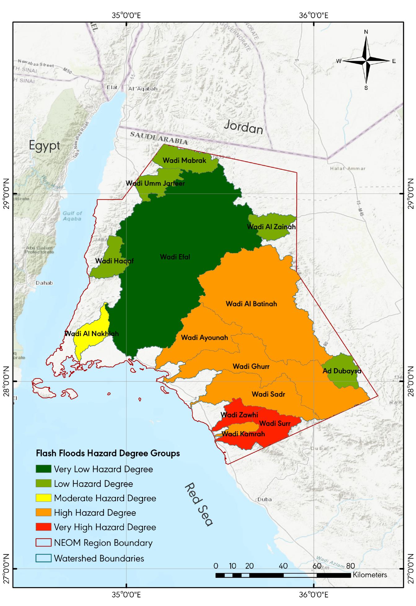 Classification of flash floods hazard degree map.