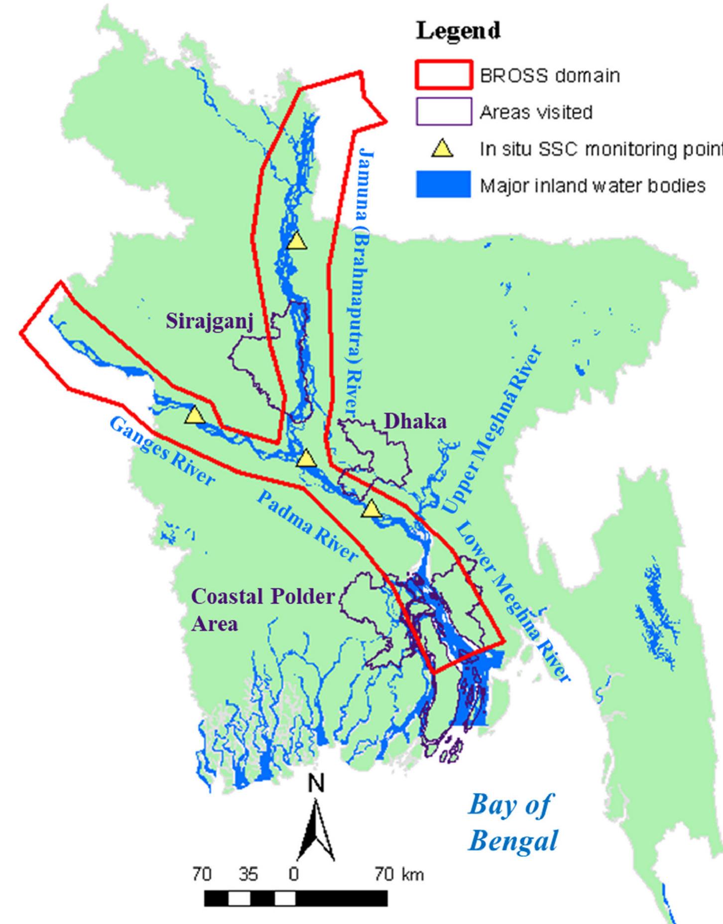 Map of bangladesh with major rivers, bross domain, and sites