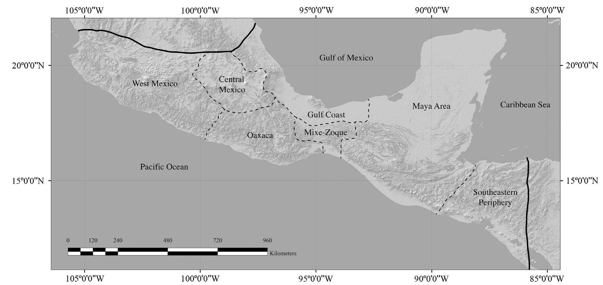Map of mesoamerica showing subareas (boundaries marked by