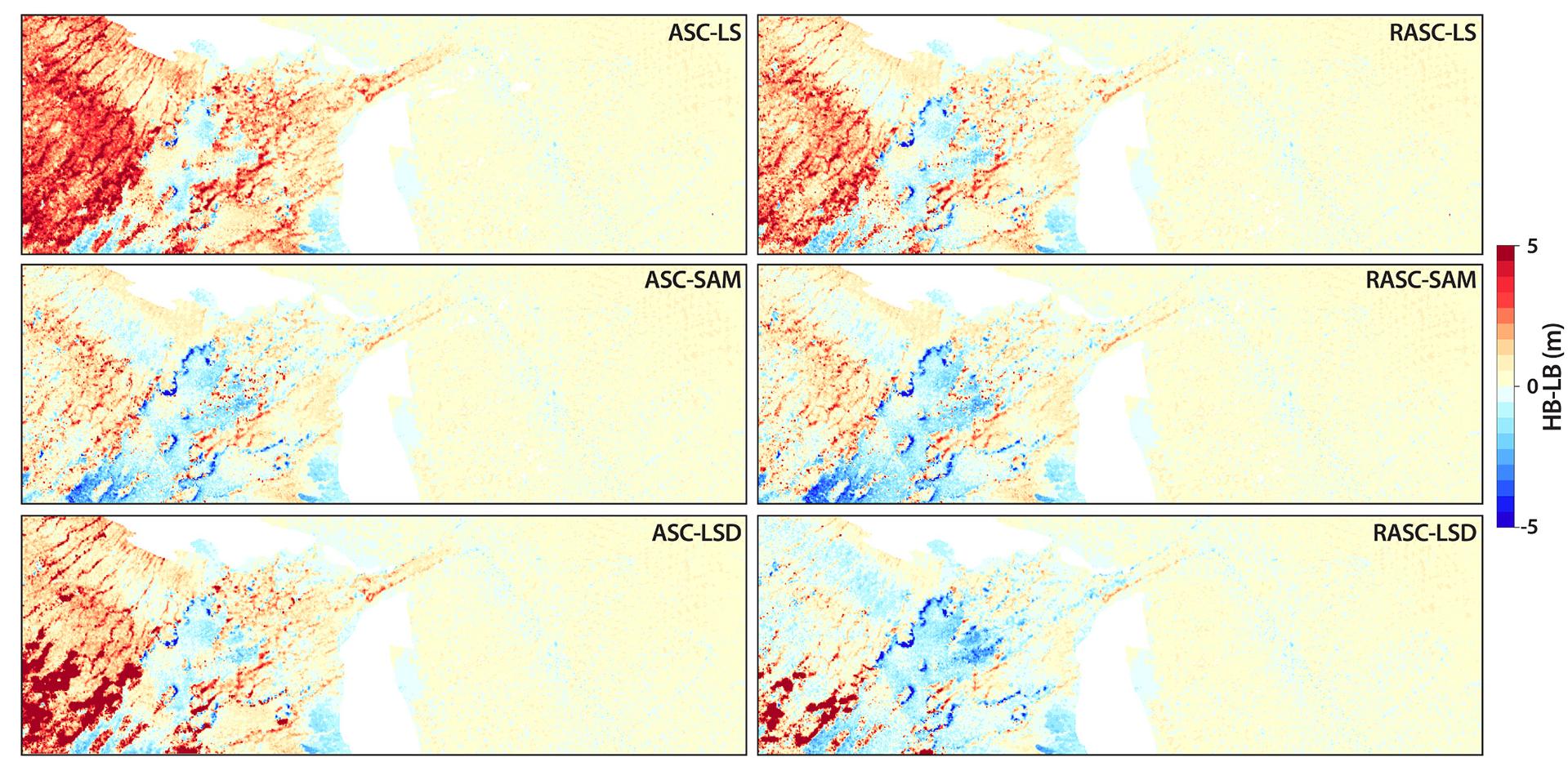 Spatial maps of differences between hyperspectral bathymetry