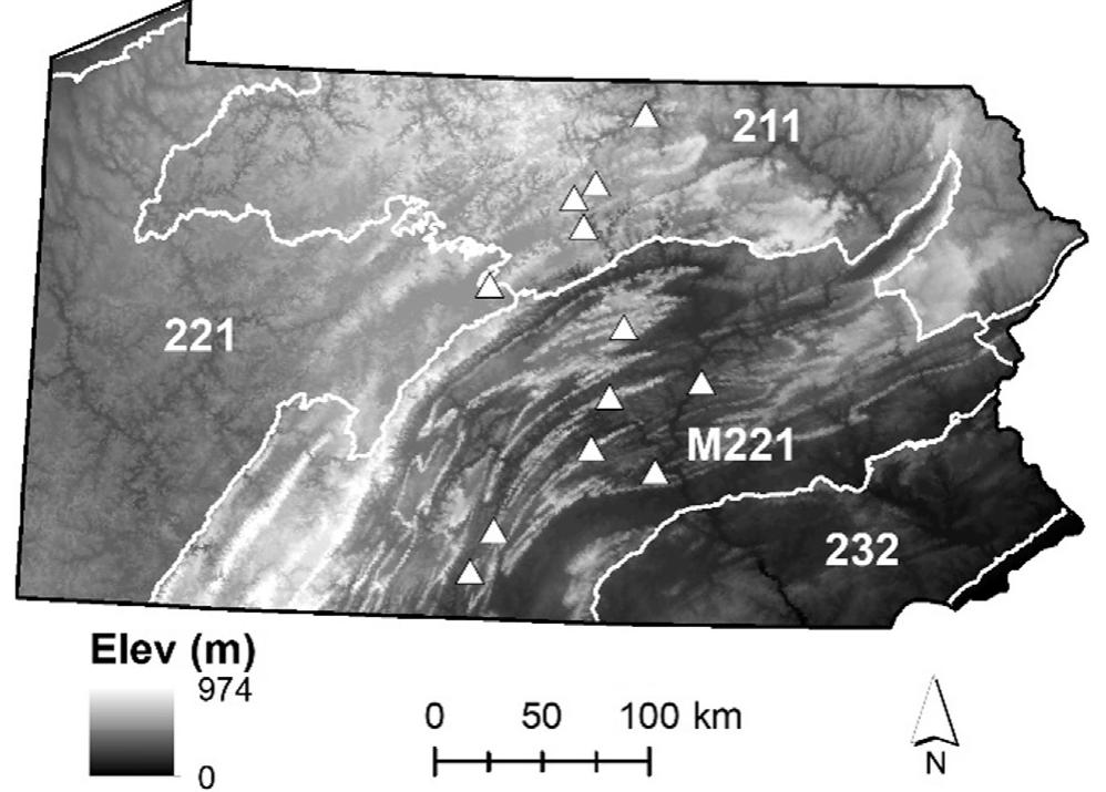 Elevation map of pennsylvania showing locations of the