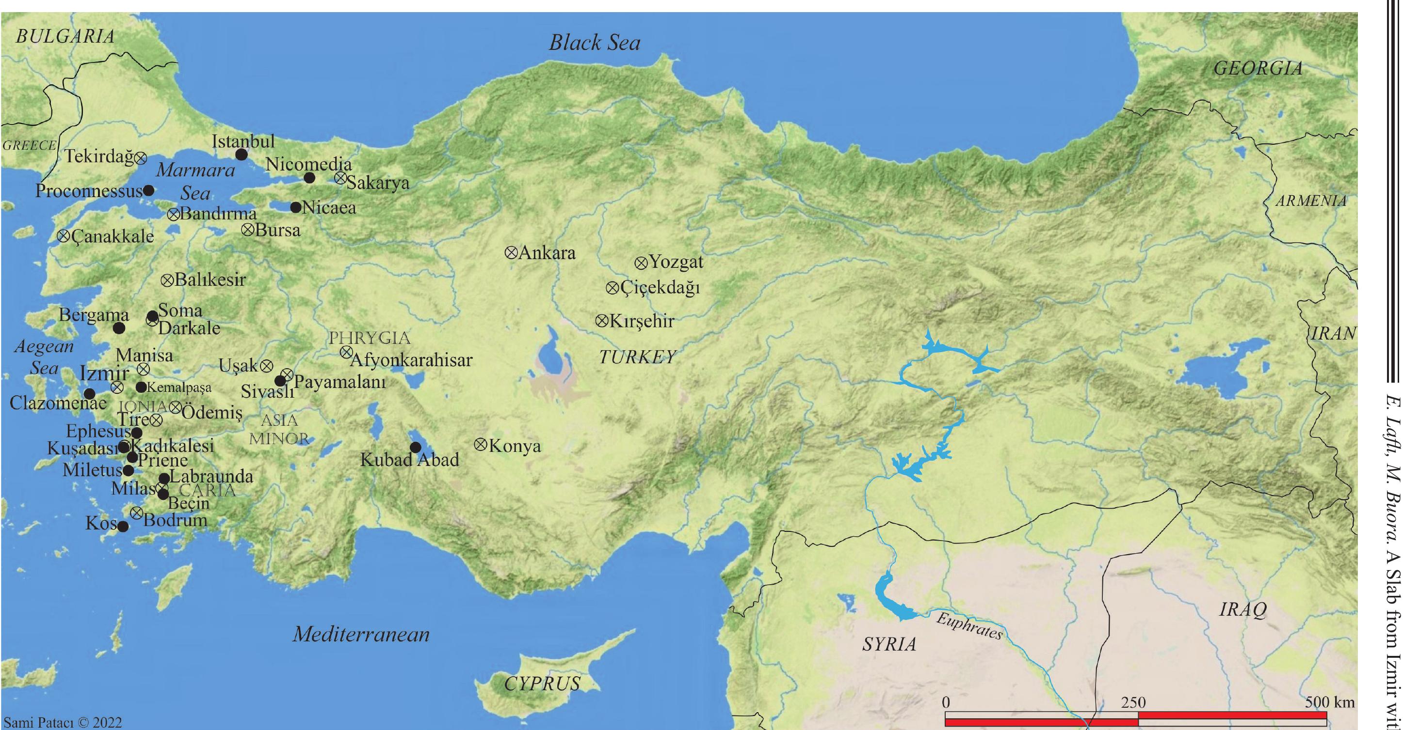 Map of byzantine marble monuments with a depiction of