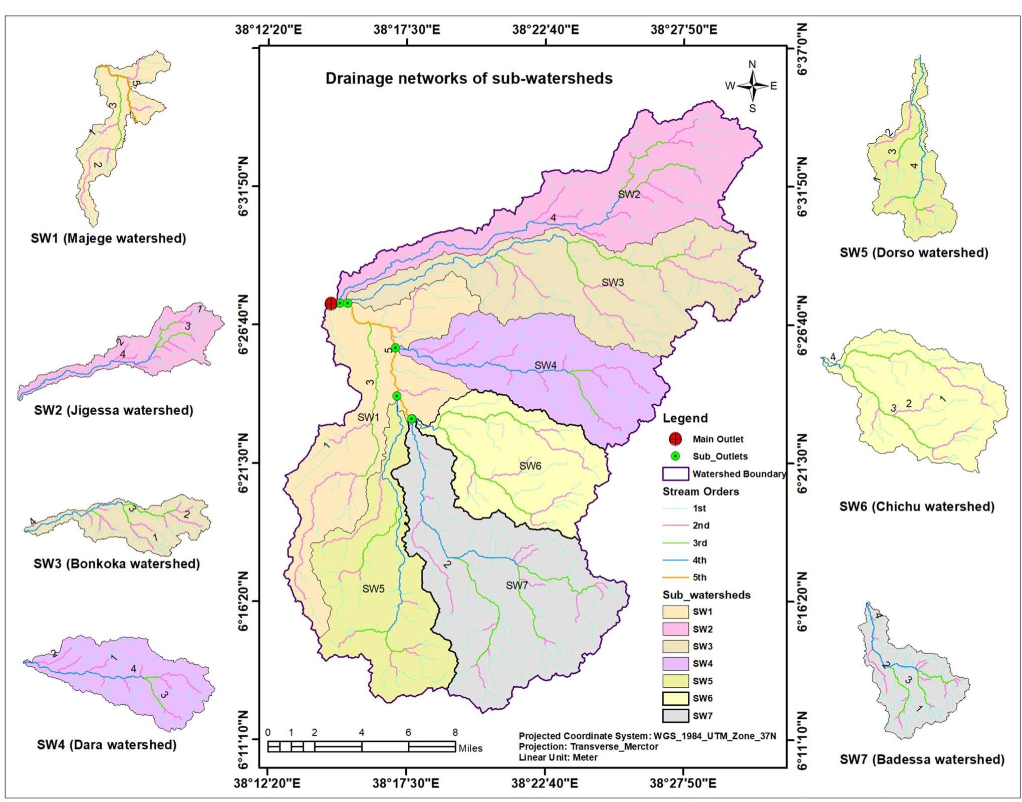 Map of sub-watersheds and drainage networks