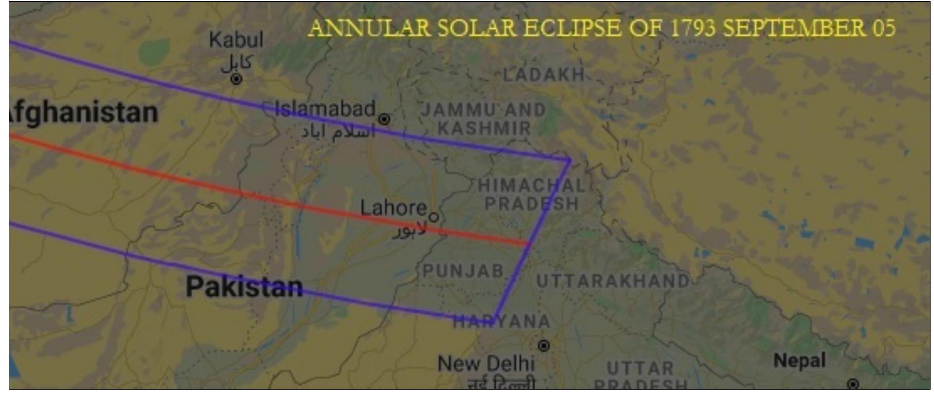 A map showing that the shadow path of annularity ended in