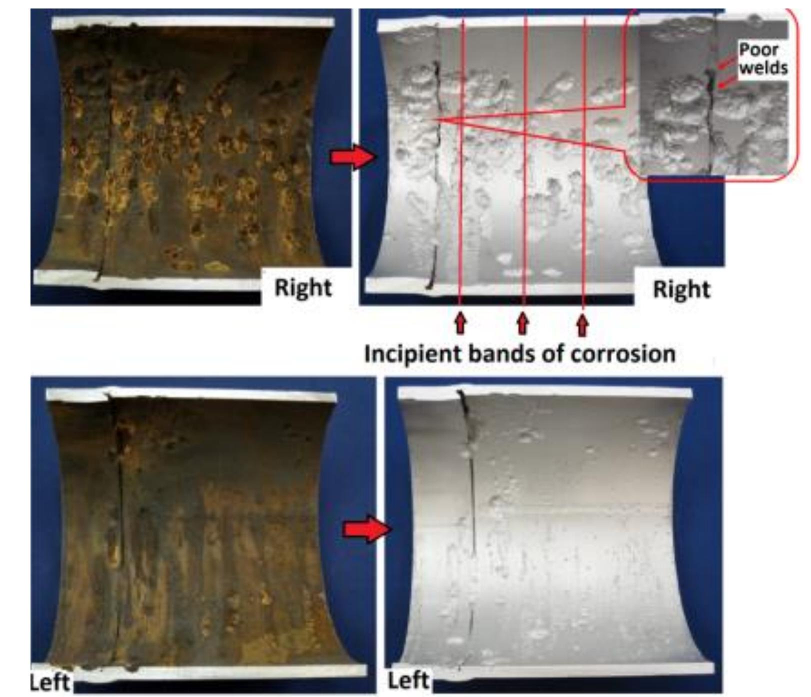 Corrosion pitting, tiger stripes, sample b, horizontal, 1510