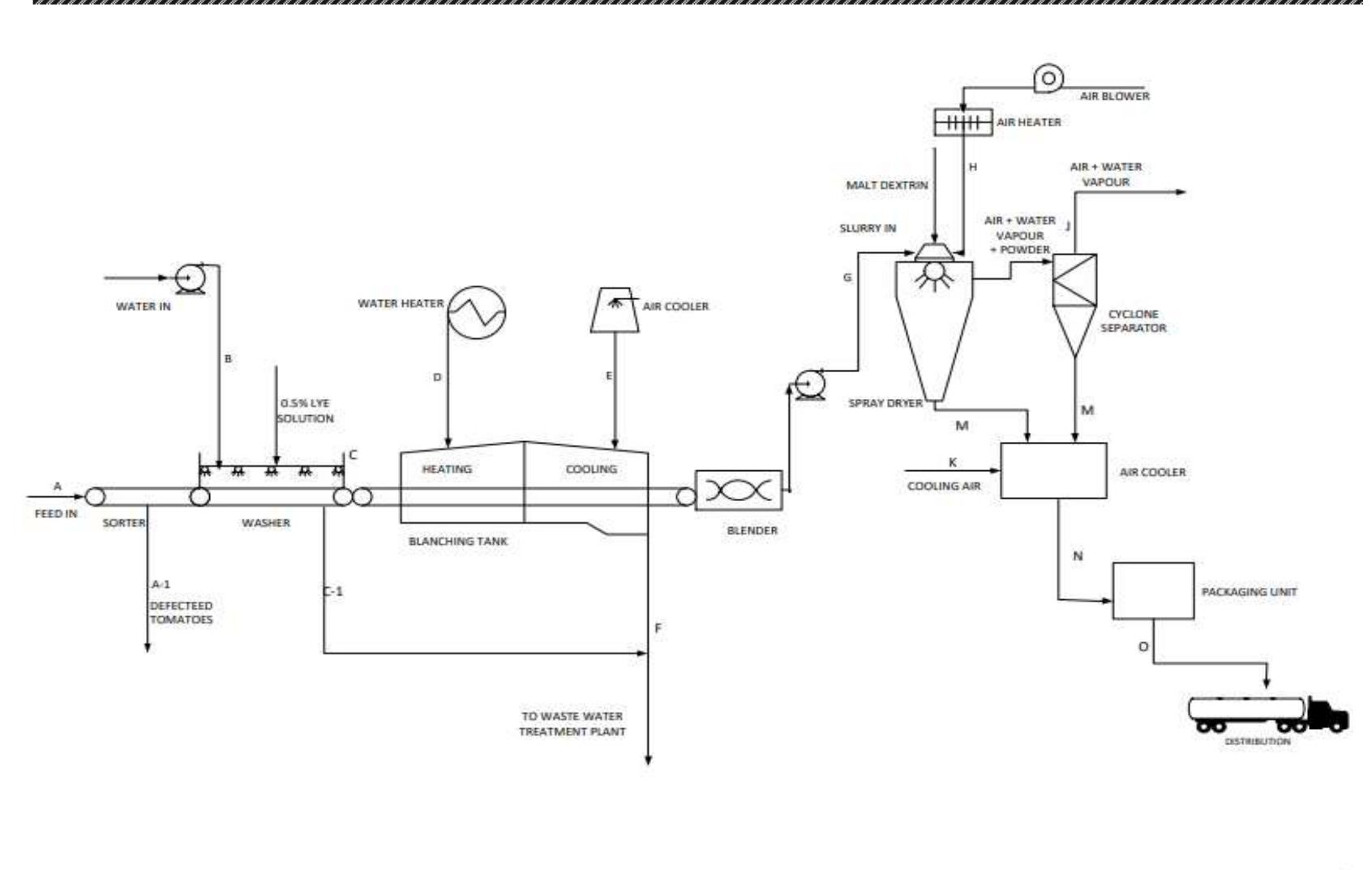 Process flow diagram of tomato powder processing plant.
