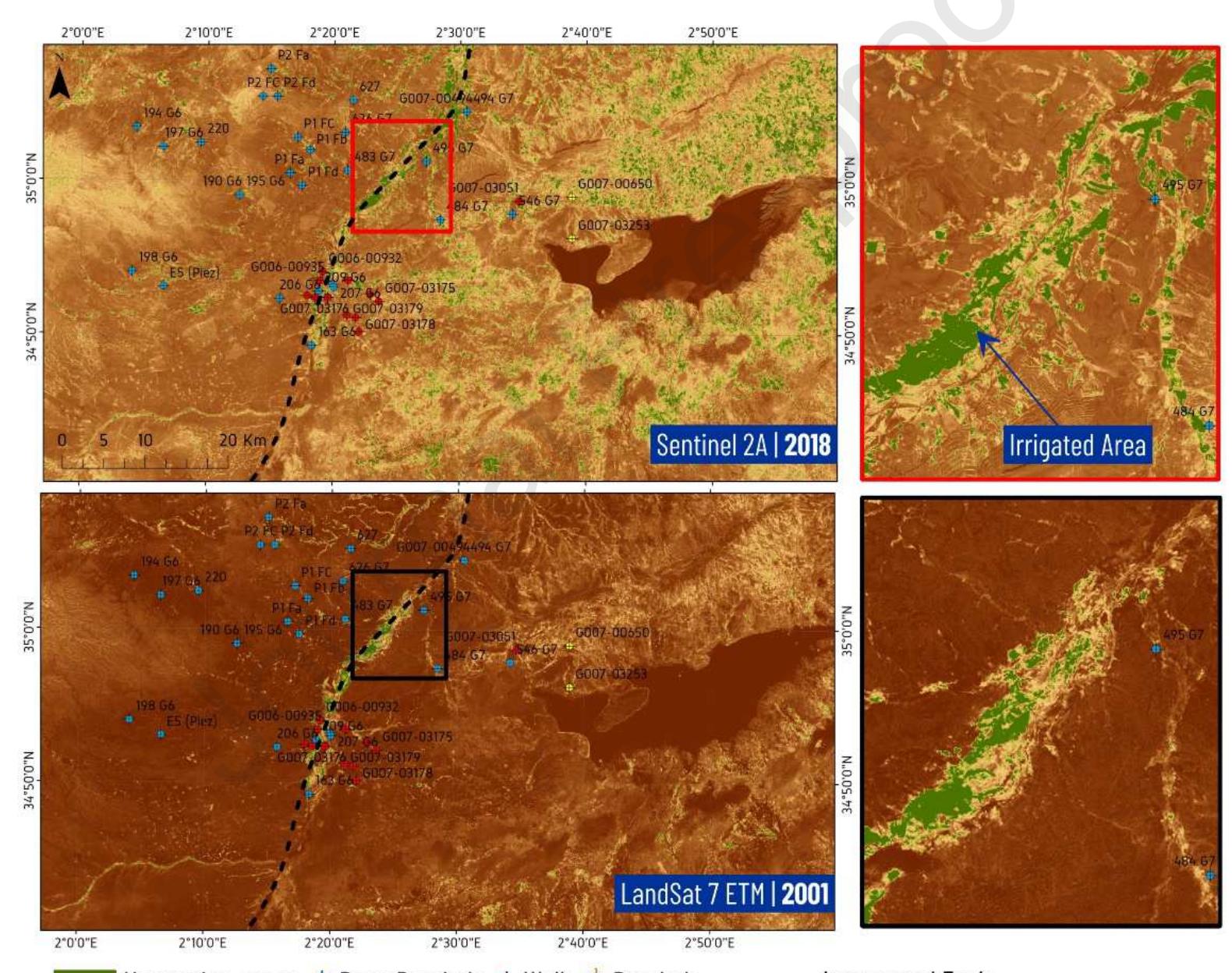 Red/nir ratios map showing irrigated areas. the most