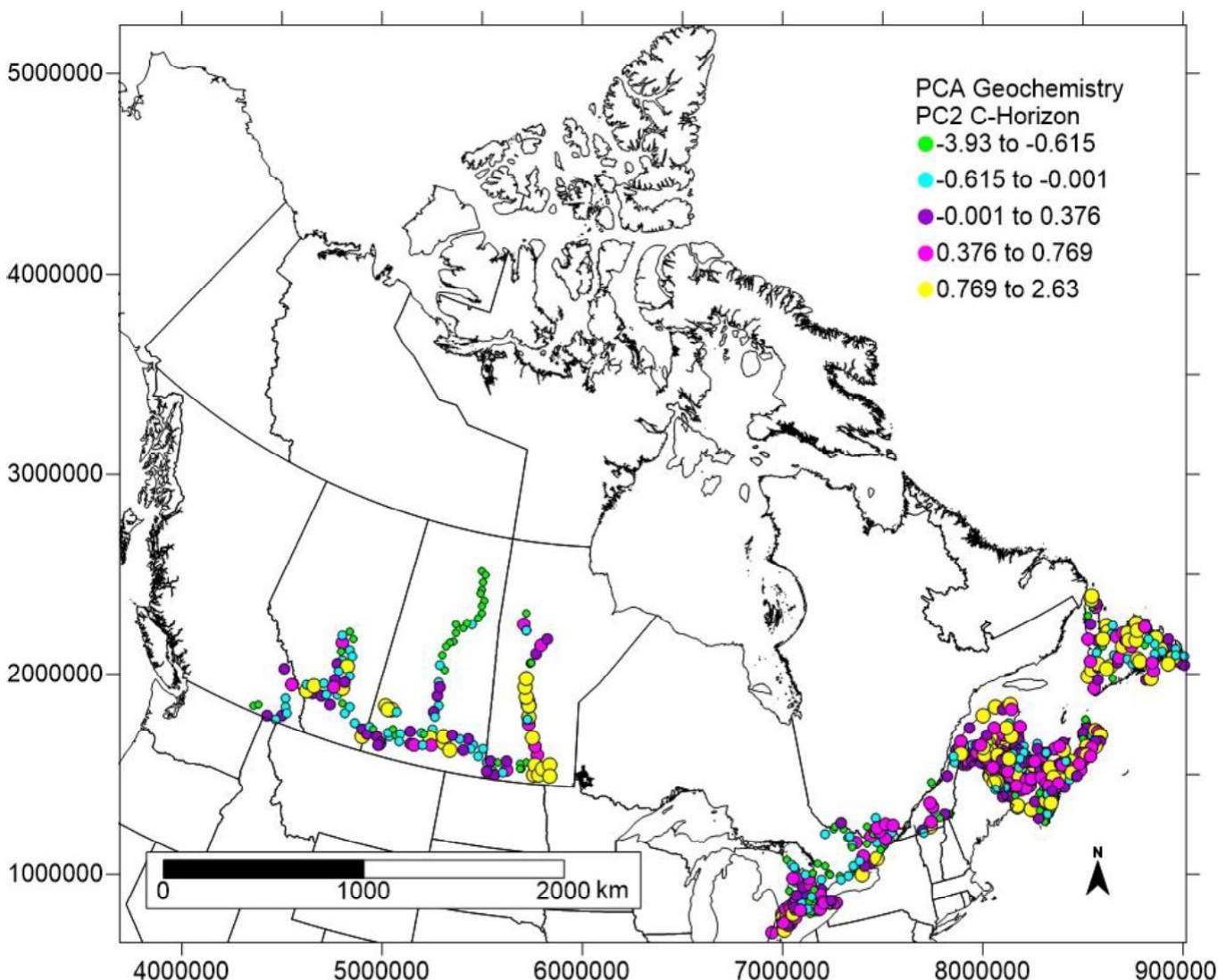 Map of principal component 2 scores at sampling sites for