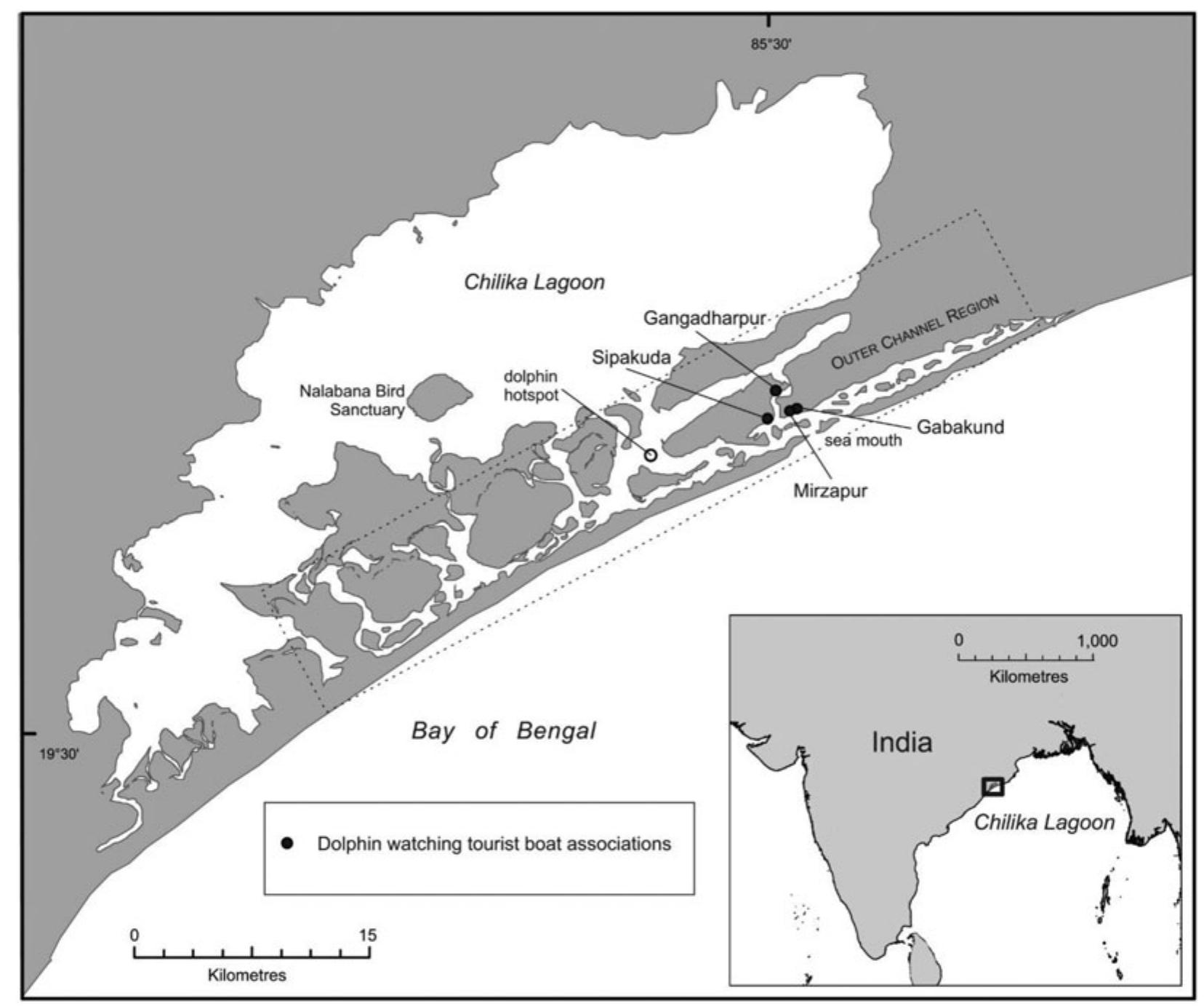 Map of chilika lagoon showing the four dolphin-watching